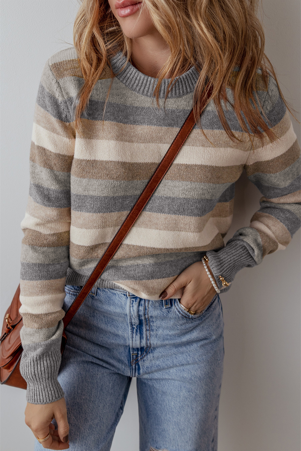 $8.55 Gray Stripe Color Block Ribbed Edge Round Neck Sweater Wholesale