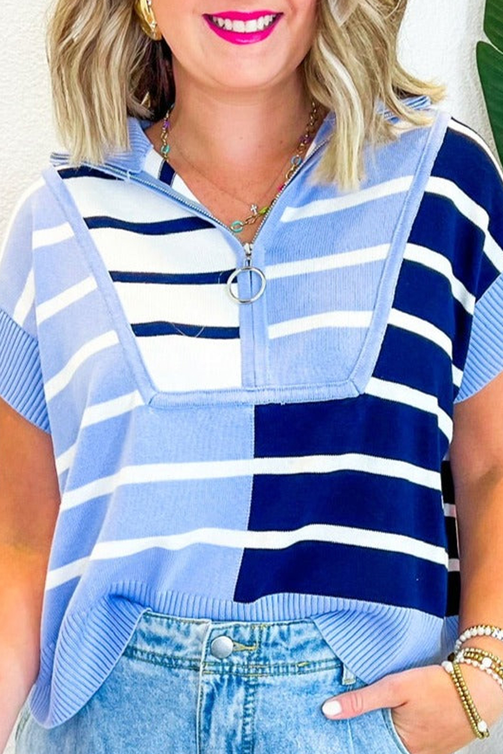 $10.4 Sky Blue Stripe Colorblock Quarter Zip Collar Sweater Vest Wholesale
