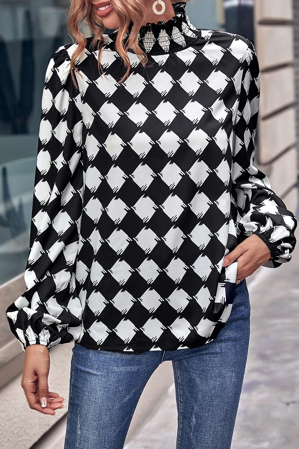$5.98 Black Checkerboard Shirred High Neck Long Sleeve Blouse Wholesale