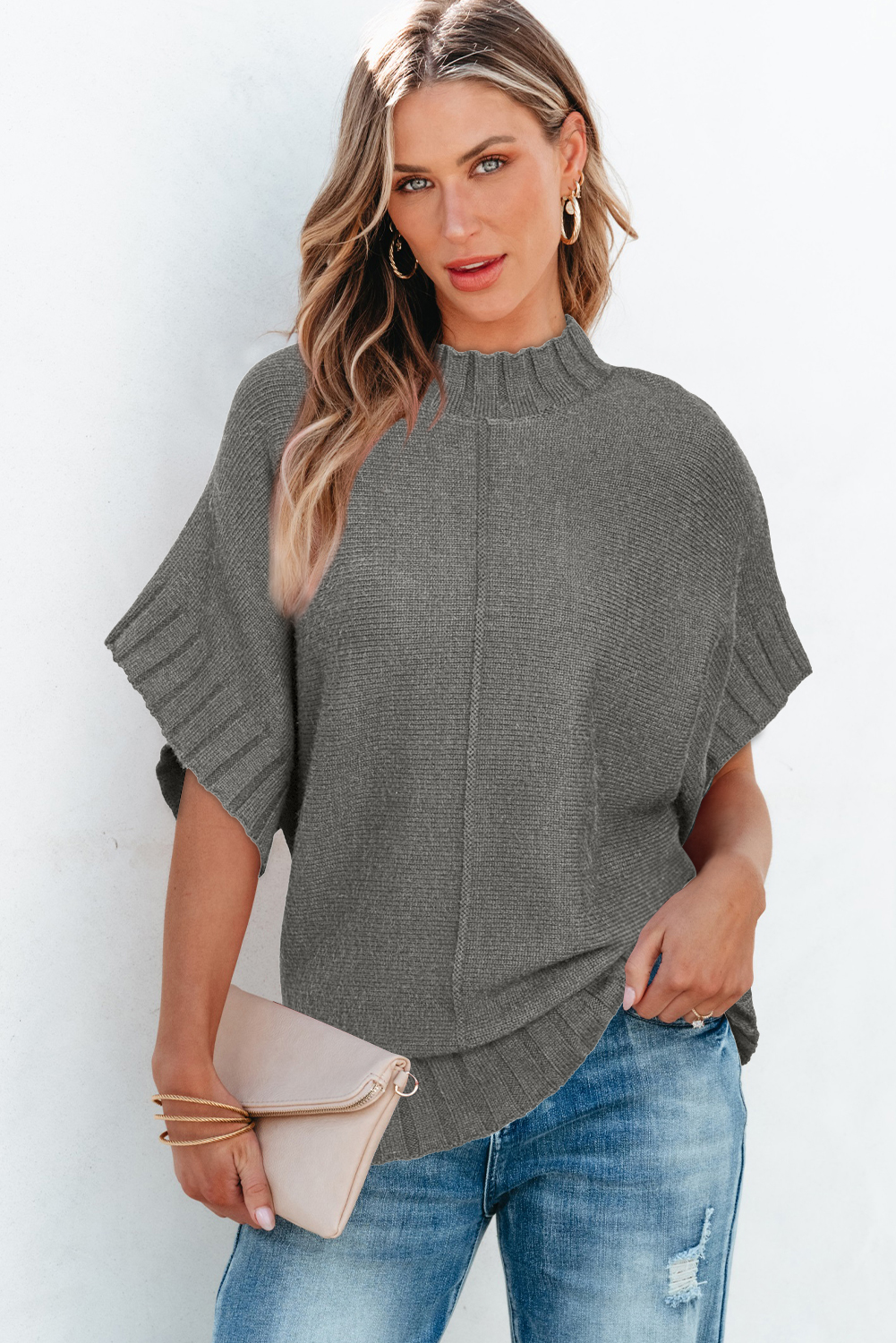 $8.17 Medium Grey Mock Neck Batwing Short Sleeve Knit Sweater Wholesale