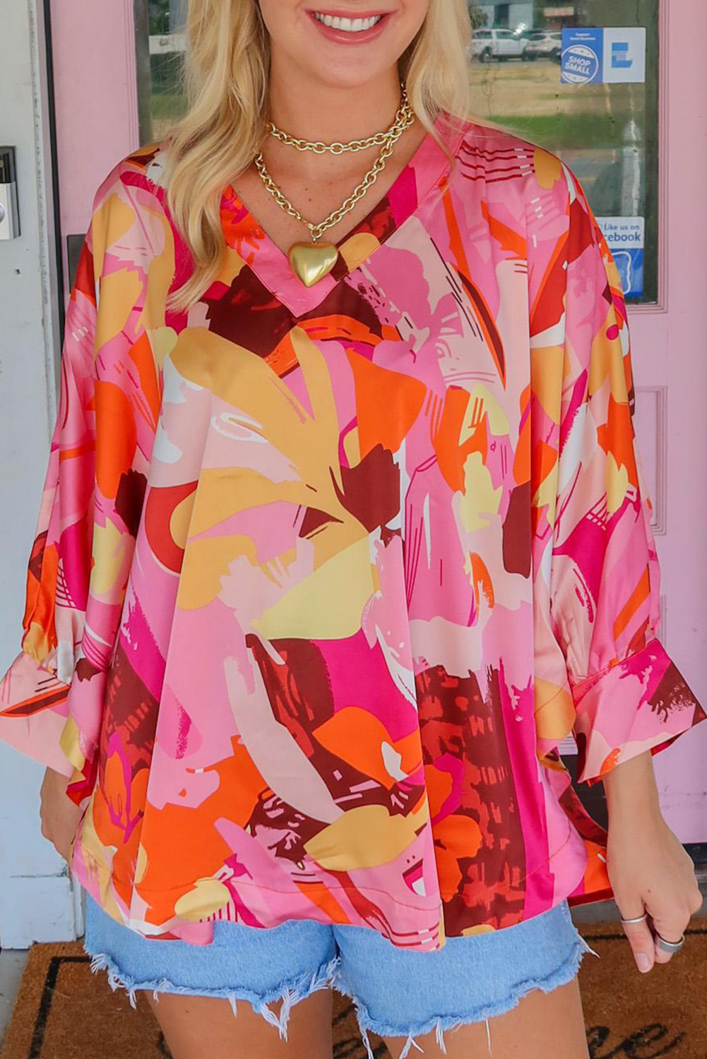 $6.59 Pink Abstract Printed Long Sleeve V Neck Blouse Wholesale