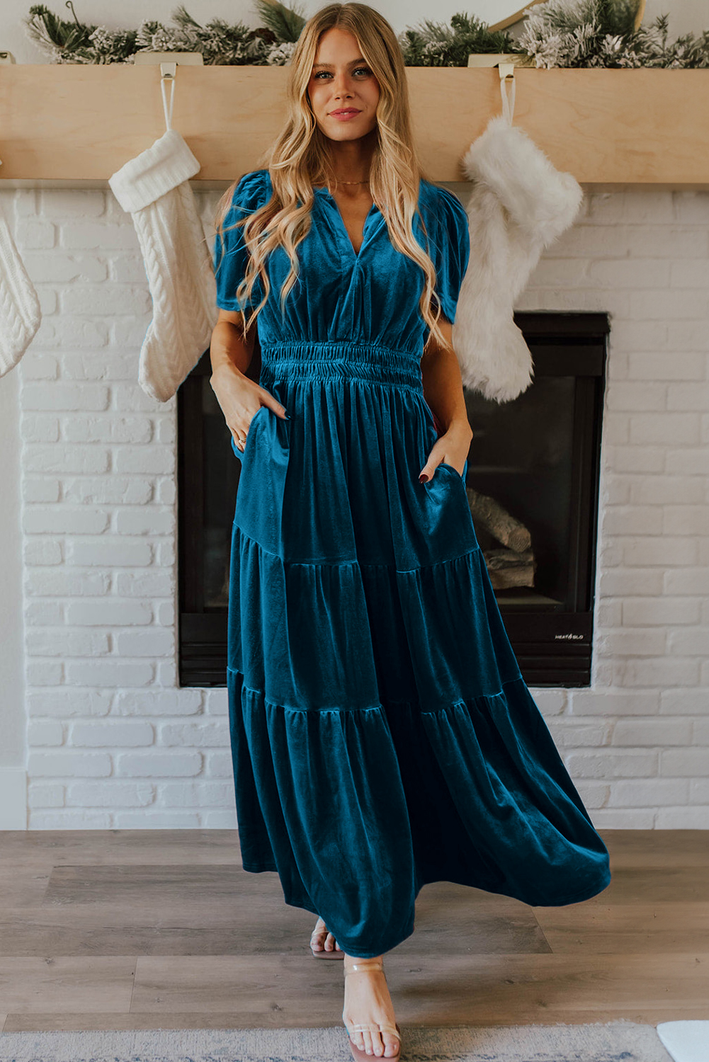 $11.95 Prussian Blue Velvet Short Sleeve Shirred Waist Tiered Maxi ...