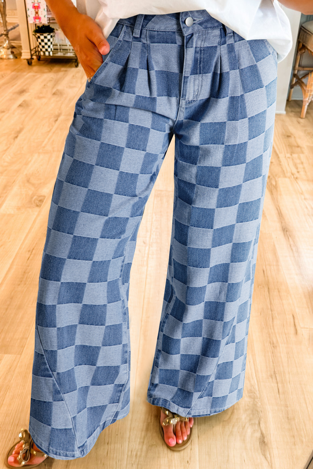 $12.1 Dusk Blue Checkered Denim Wide Leg Jeans Wholesale