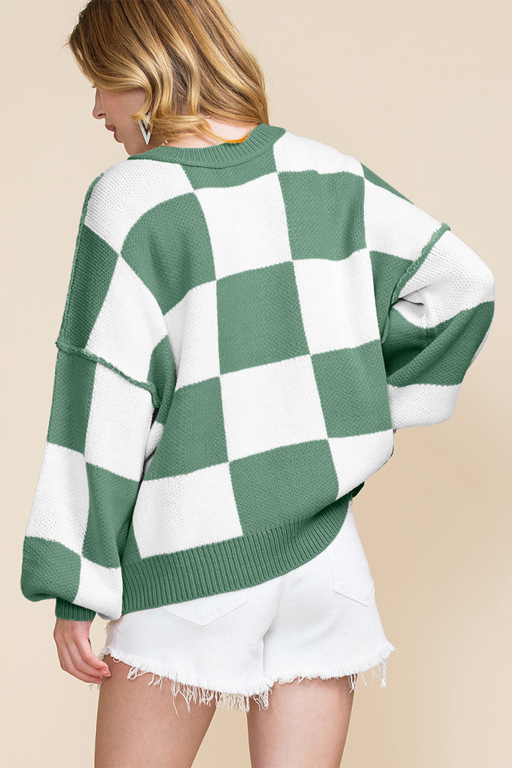 $9.2 Green Checkered Bishop Sleeve Sweater Wholesale