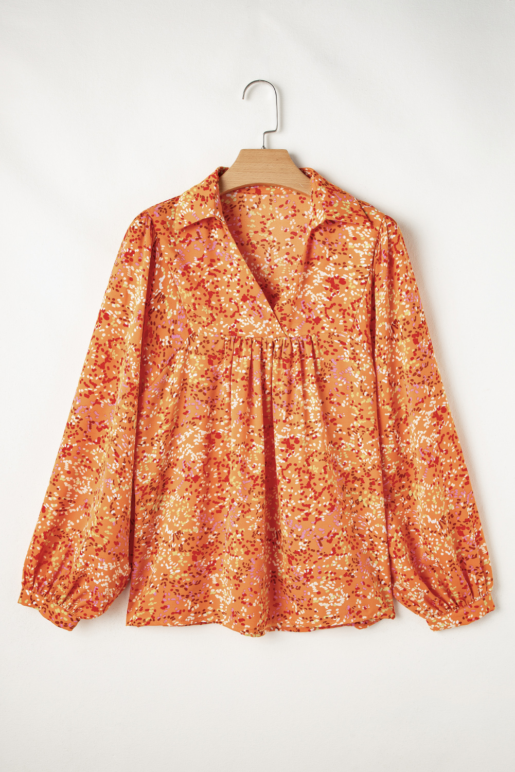 $6.75 Orange Abstract Print Collared V Neck Babydoll Blouse Wholesale