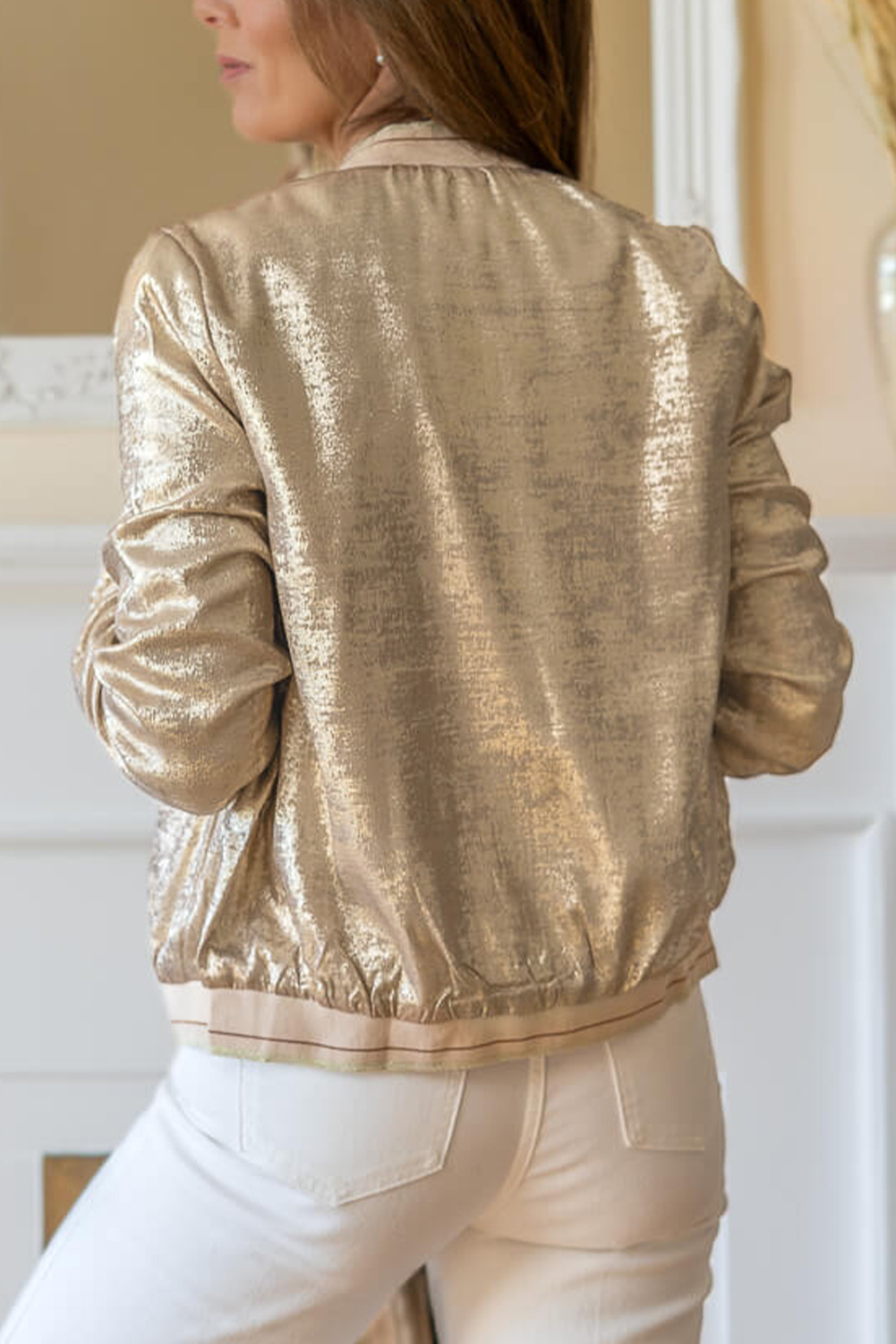 $11.35 Pale Khaki Metallic Zip up Baseball Jacket Wholesale