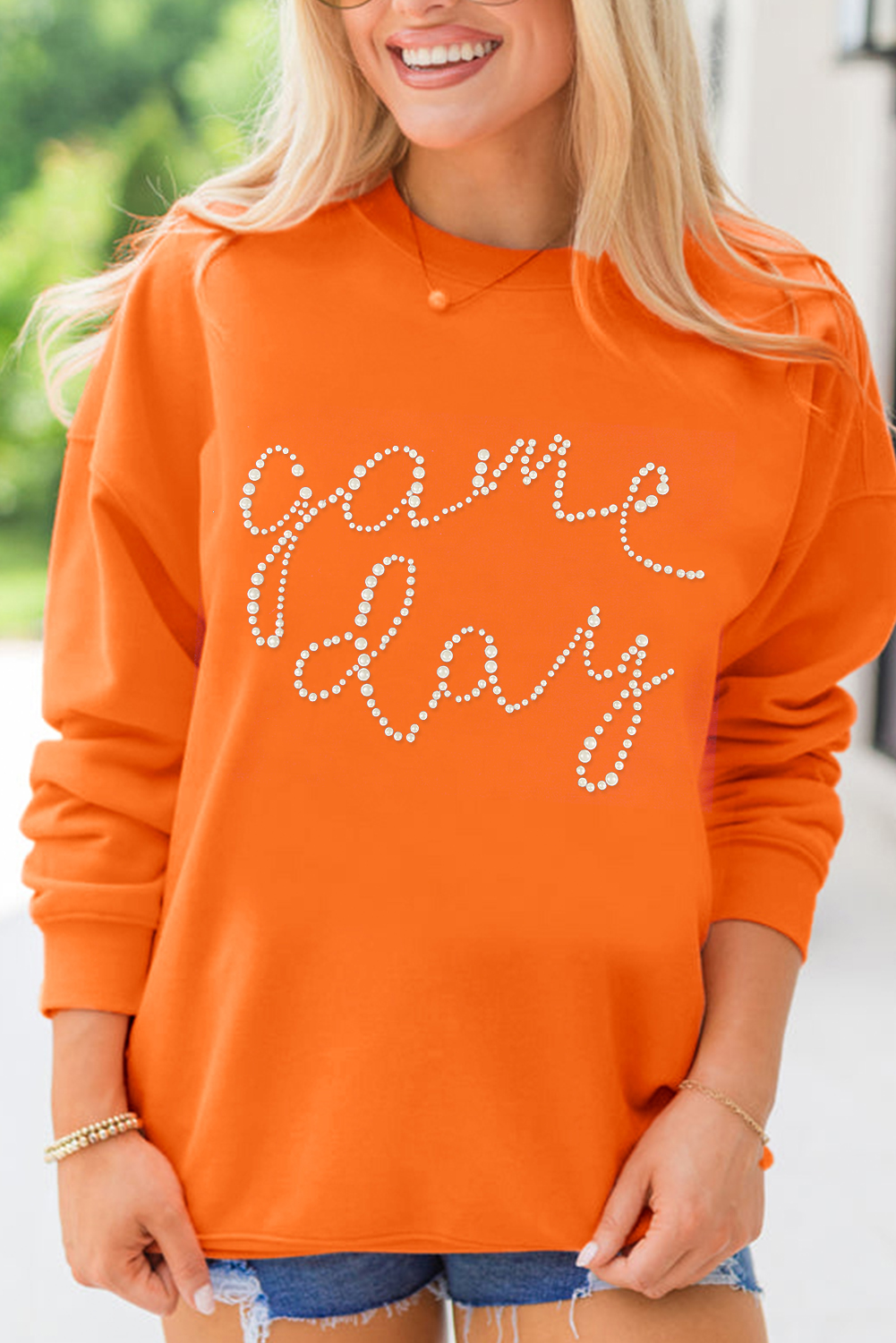 $9.25 Orange Rhinestone game day Pattern Drop Shoulder Sweatshirt Wholesale