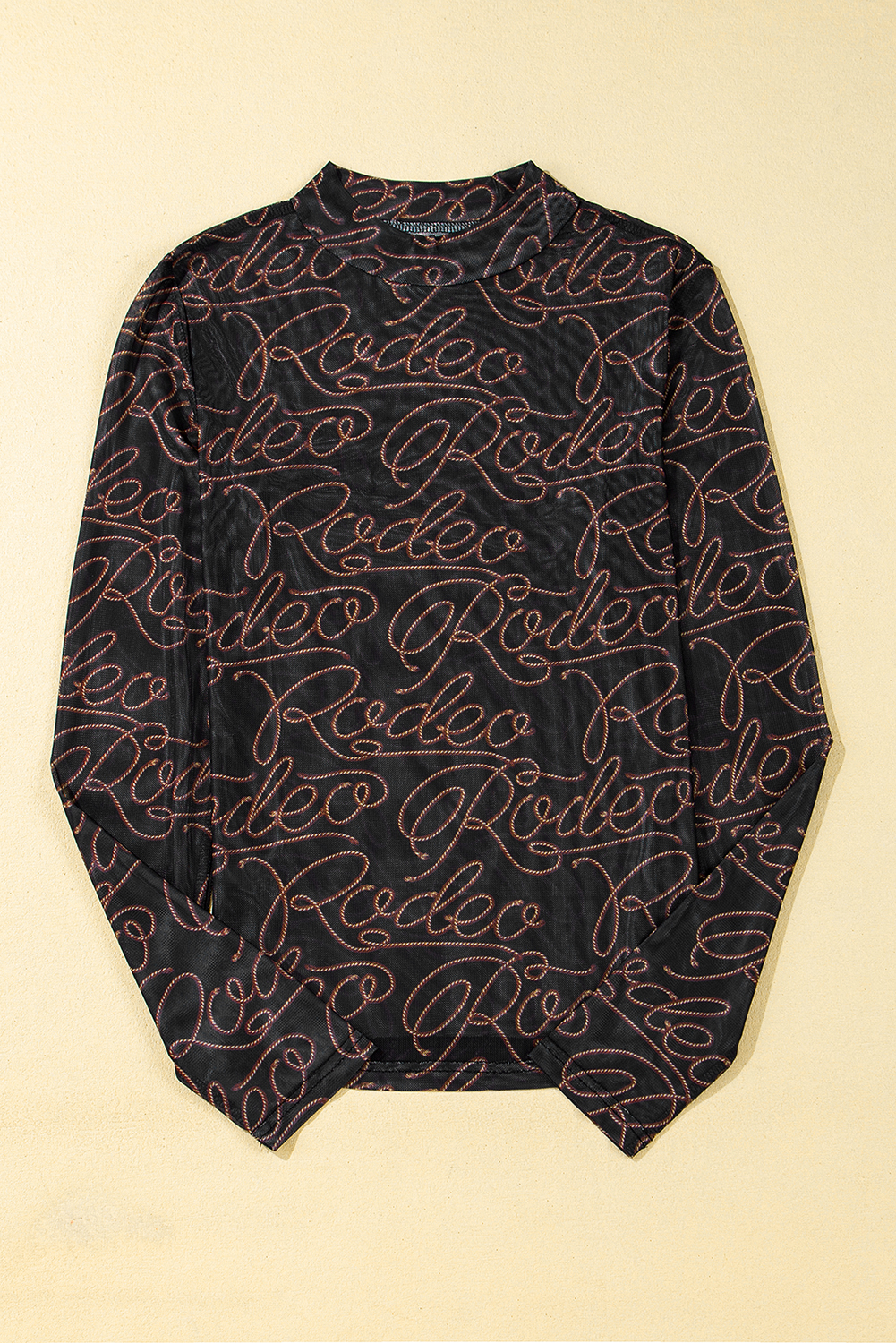 $3.1 Black Western Rodeo Printed Mock Neck Long Sleeve Mesh Top Wholesale