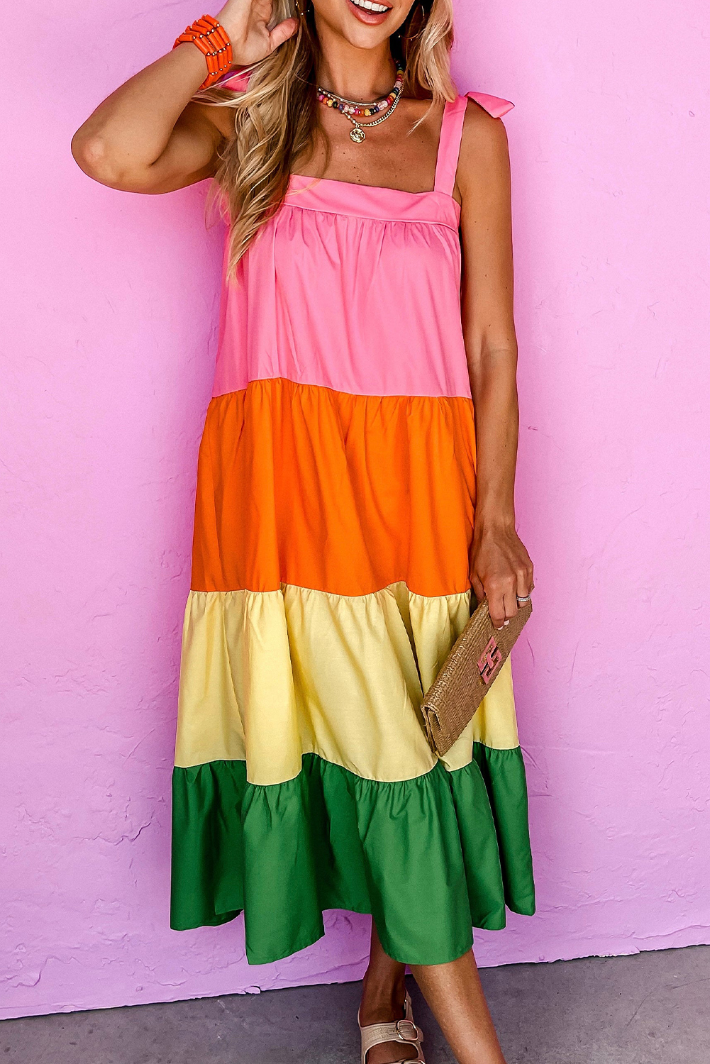 $11.89 Carrot Color Block Patchwork Knotted Strap Long Dress Wholesale