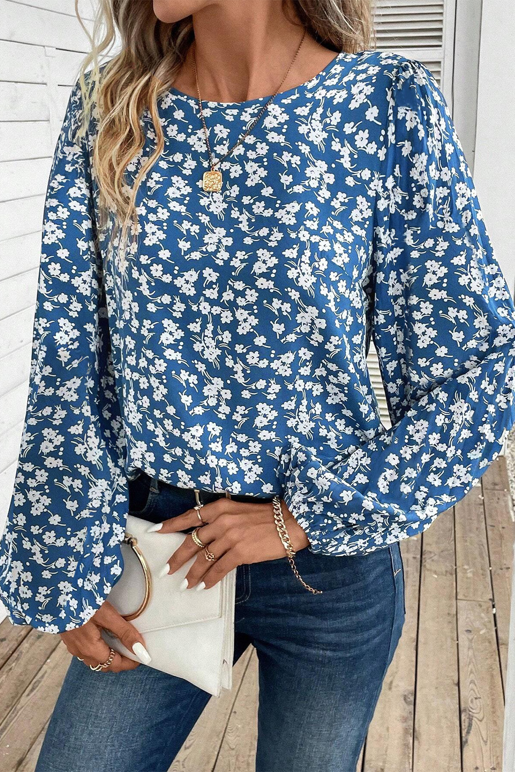 $4.7 Blue Ditsy Floral Print Lantern Sleeve Blouse Wholesale