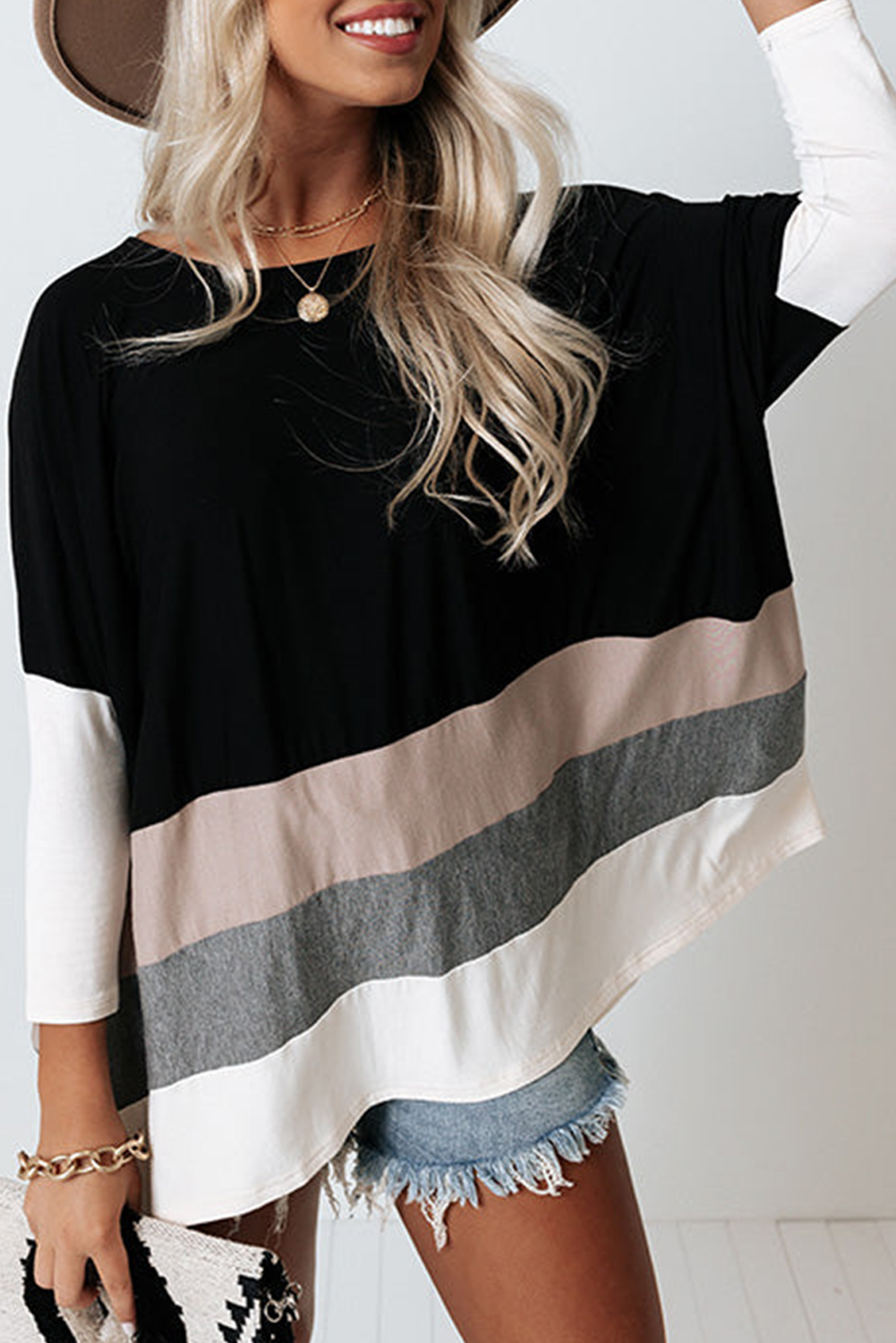 $4.6 Black Striped Colorblock Long Sleeve Tunic Top Wholesale