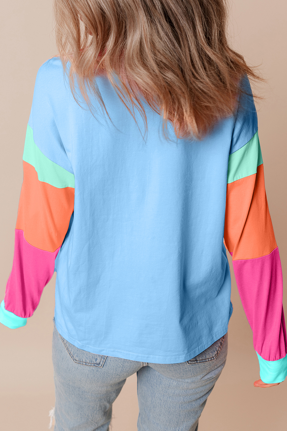 $6.35 Dark Blue Colorblock Patchwork Long Sleeve Loose Top Wholesale
