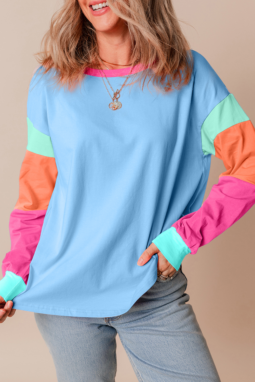$6.35 Dark Blue Colorblock Patchwork Long Sleeve Loose Top Wholesale