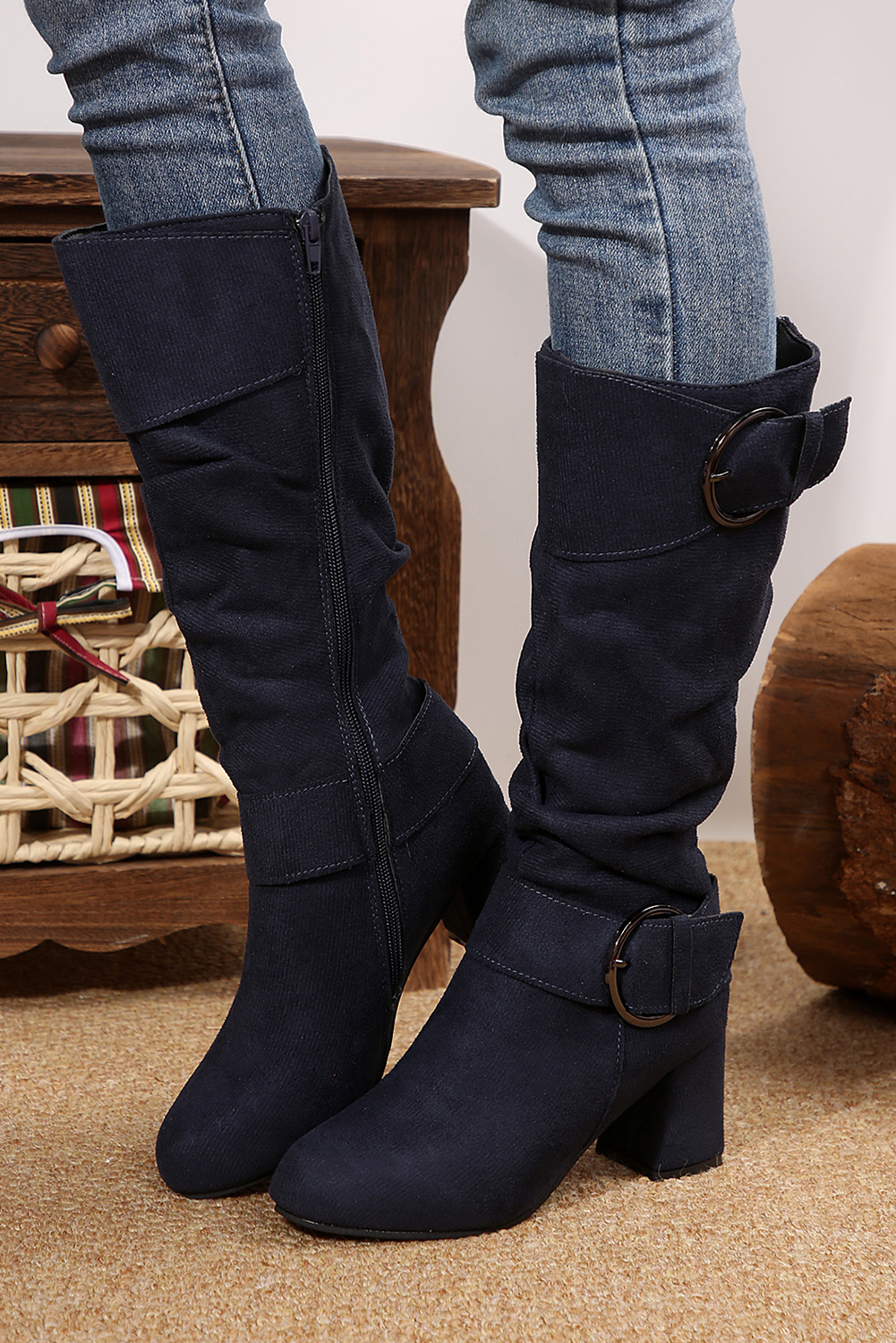 $11.55 Navy Blue Suede Double Buckled Side Zipped Mid-calf Boots Wholesale