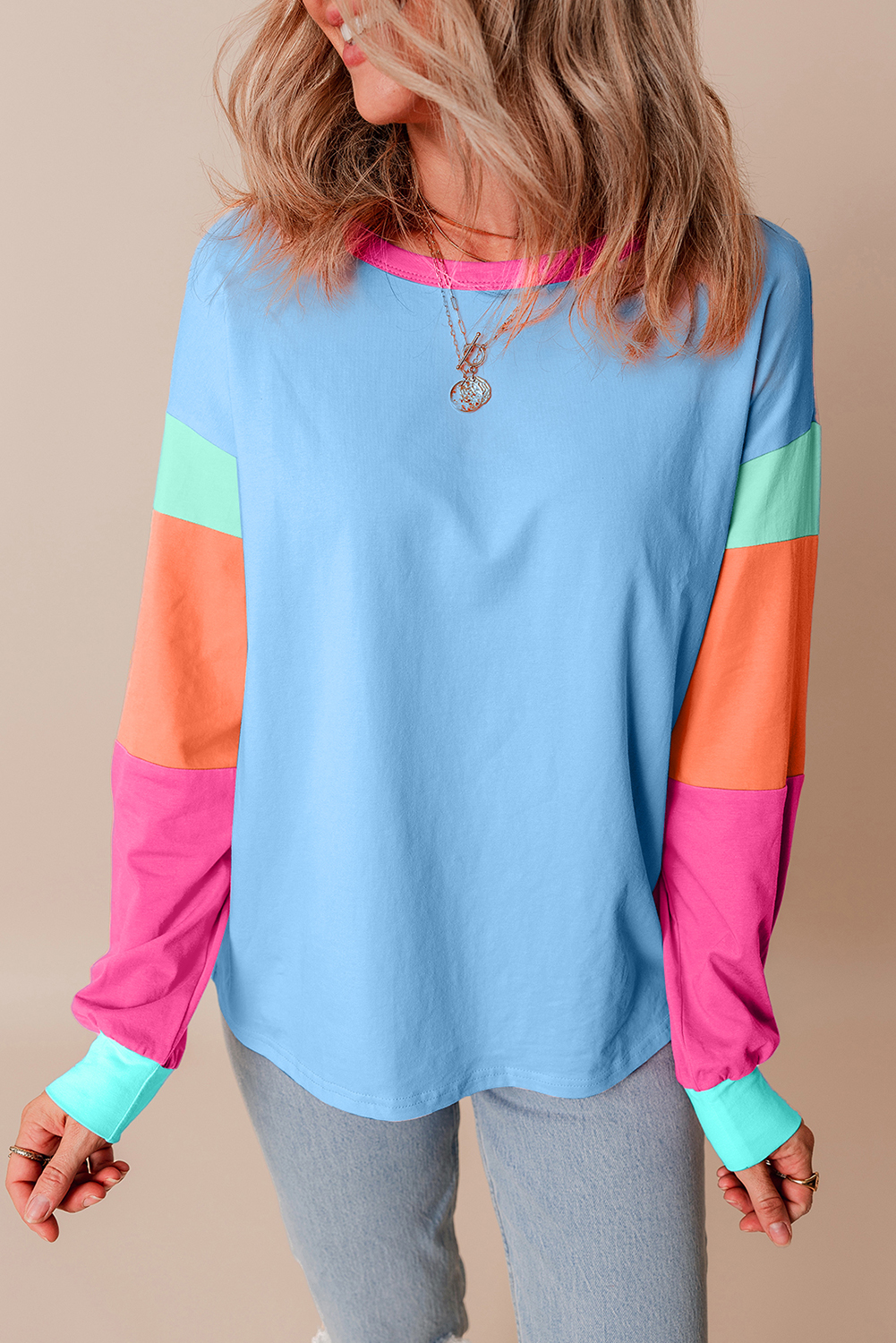 $6.35 Dark Blue Colorblock Patchwork Long Sleeve Loose Top Wholesale