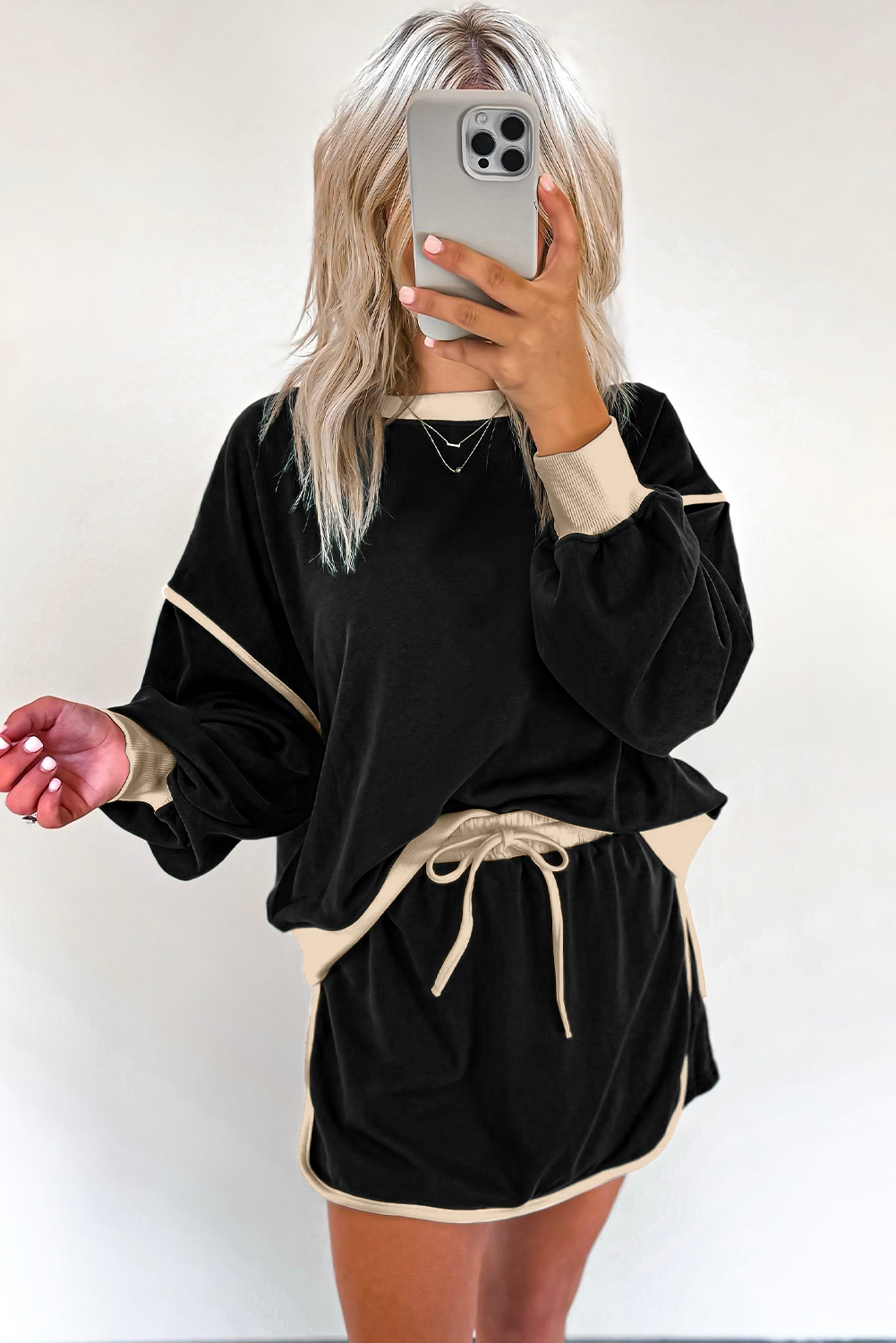 $12.5 Black Color Contrast Loose Pullover and Lace-up Waist Skort Set ...