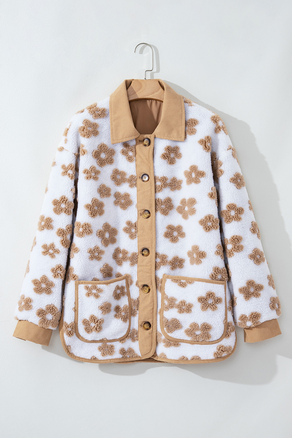 $13.85 Light French Beige Cute Flower Pattern Button Up Fleece Jacket ...