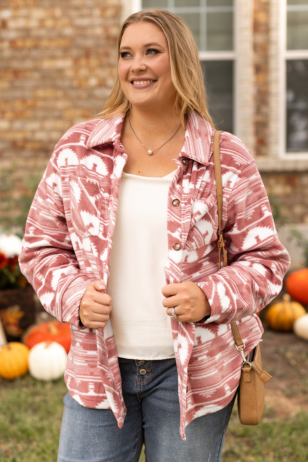 $10.25 Pink Plus Size Aztec Print Chest Pocket Shacket Wholesale