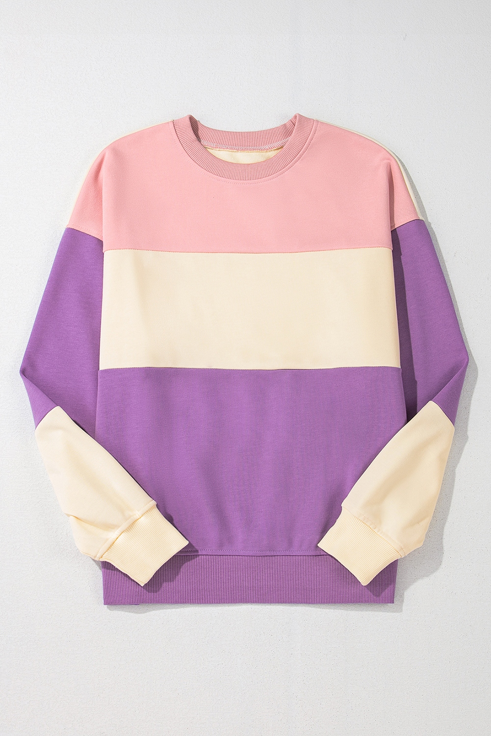 $7.75 Meadow Mauve Colorblock Patchwork Drop Shoulder Sweatshirt Wholesale