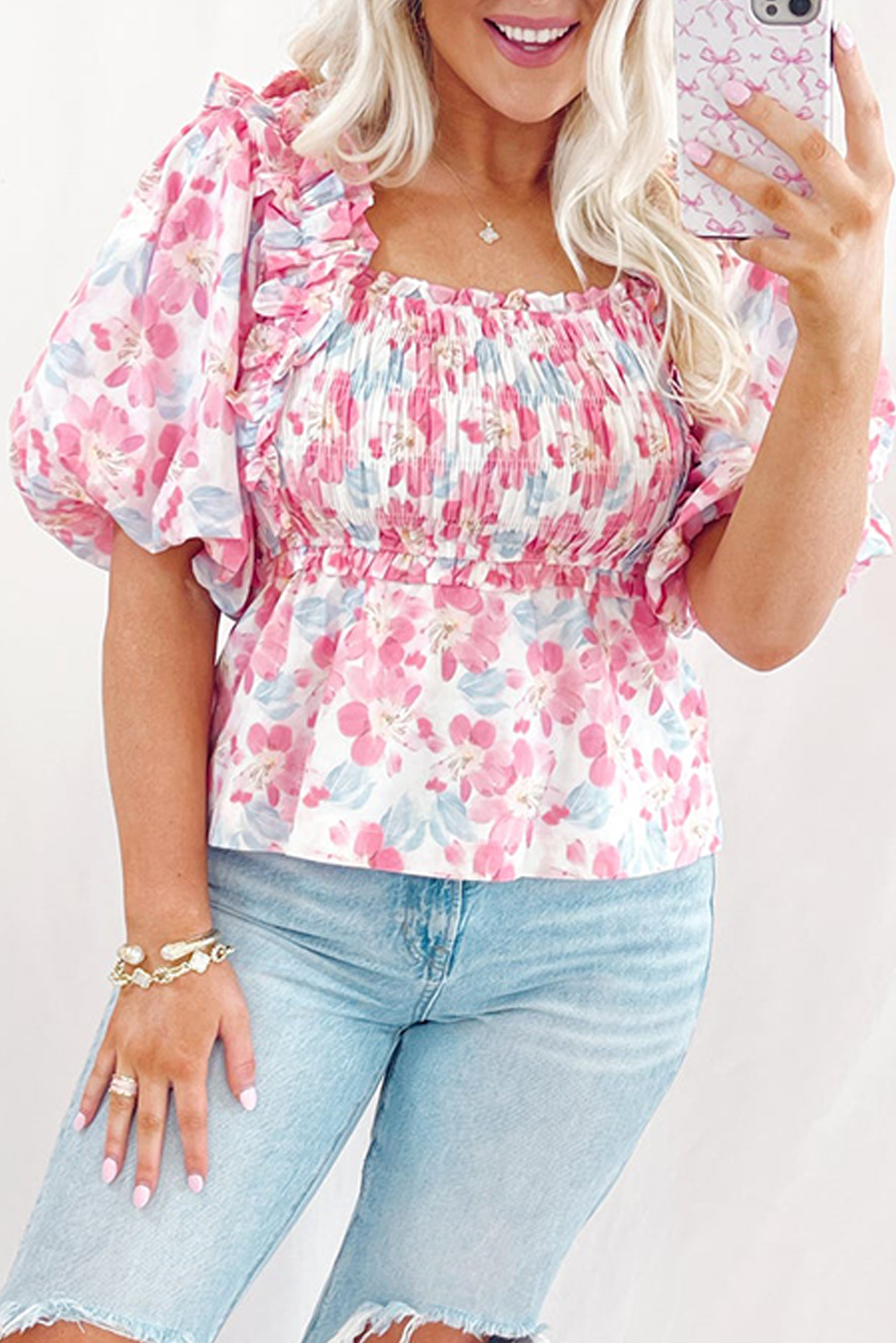 $6.49 Pink Floral Print Ruffled Square Neck Smocked Puff Short Sleeve ...