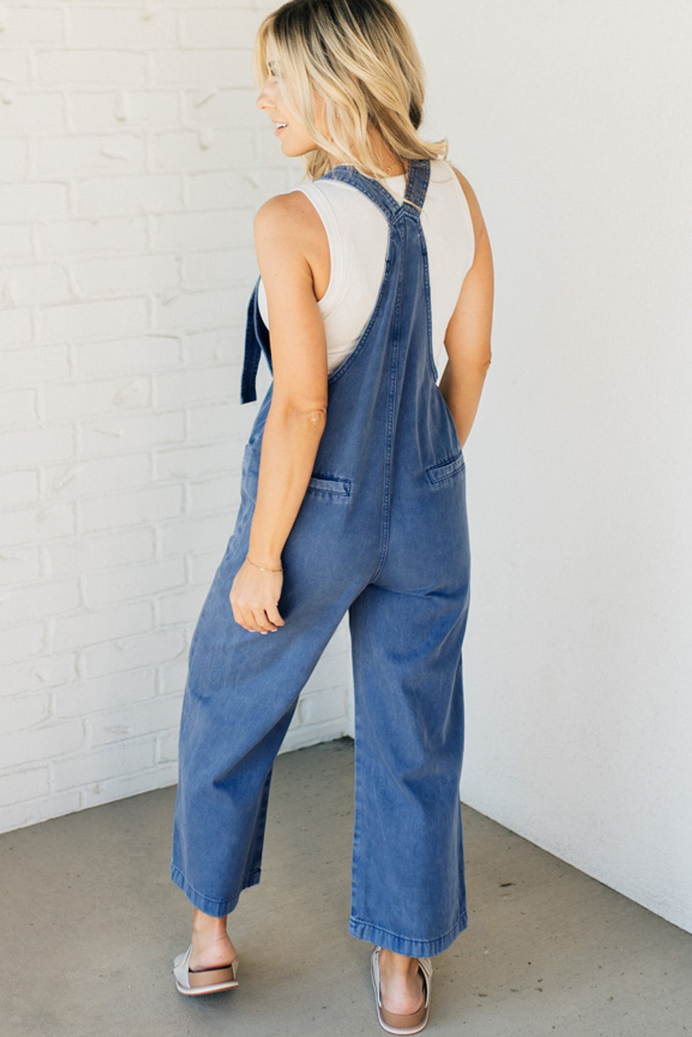 $12.4 Prussian Blue Mineral Wash Knotted Strap Patched Pocket Wide Leg ...