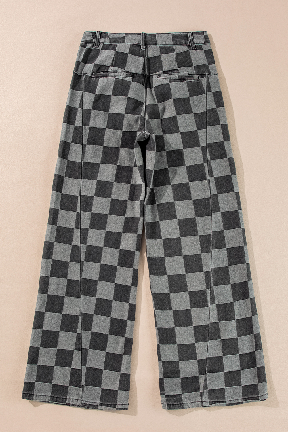 $12.1 Dark Grey Checkered Denim Wide Leg Jeans Wholesale