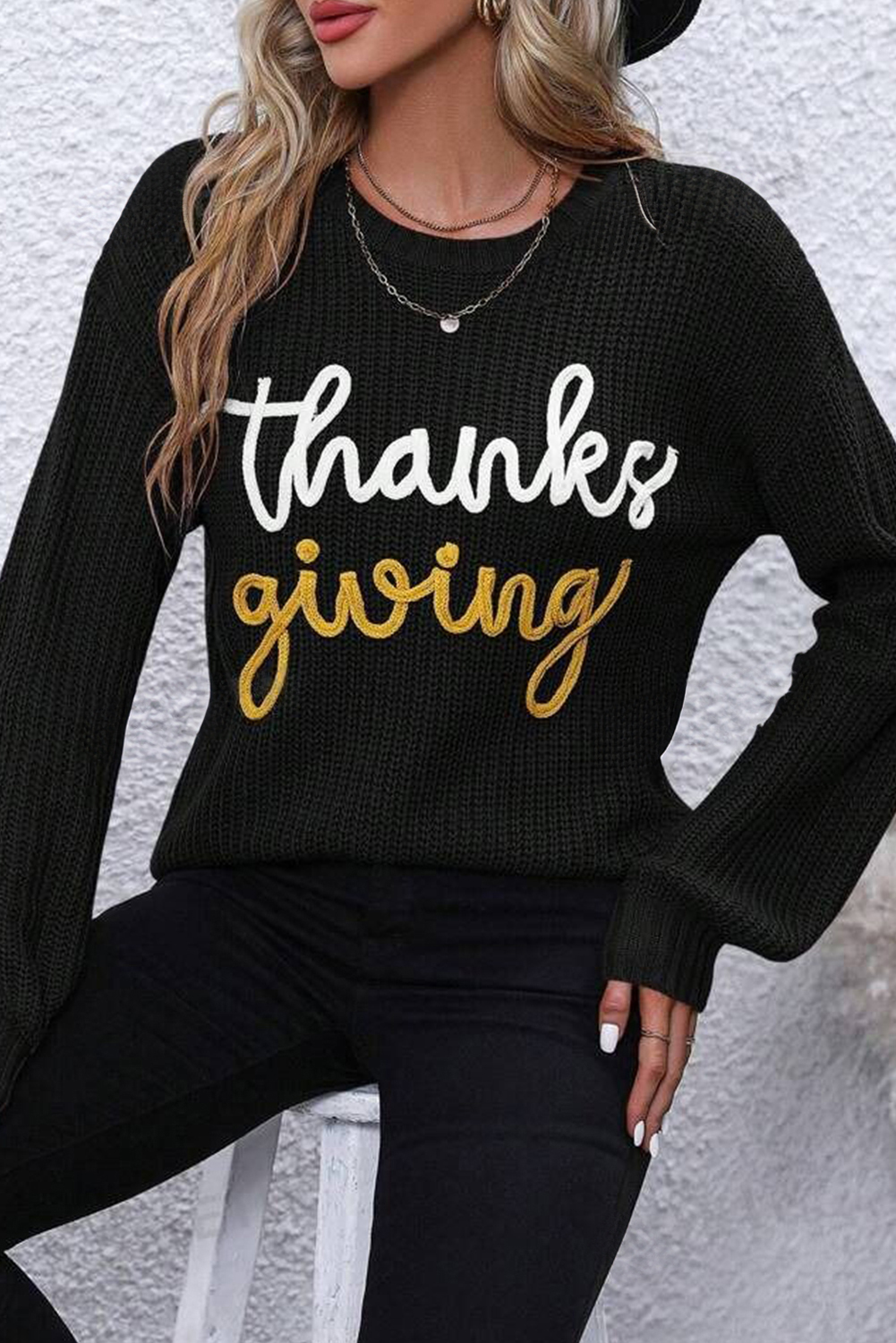 $11.85 Black Thanks Giving Letter Graphic Crew Neck Sweater Wholesale
