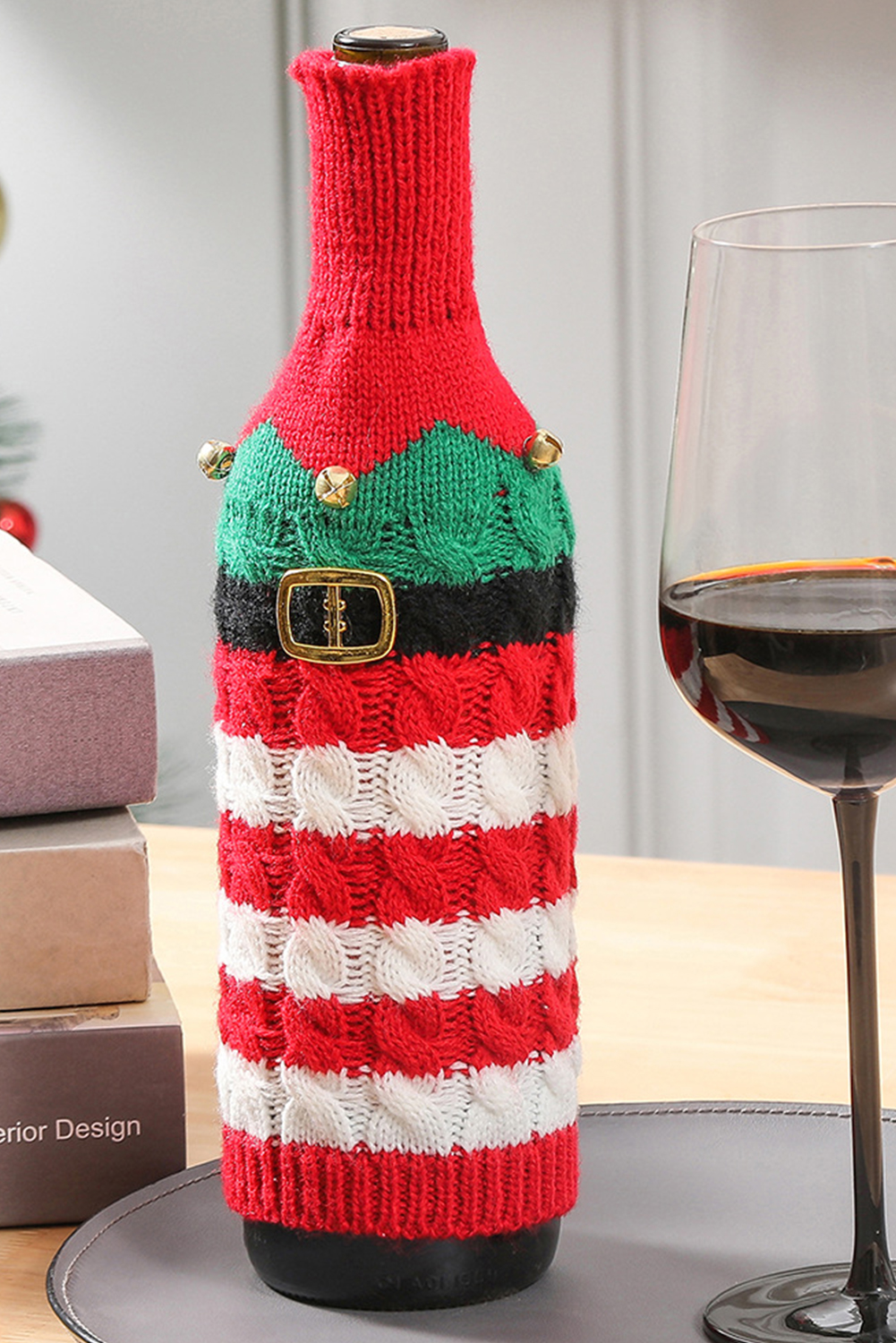 $1.7 Racing Red Christmas Stripes Knitted Jingle Bell Wine Bottle ...