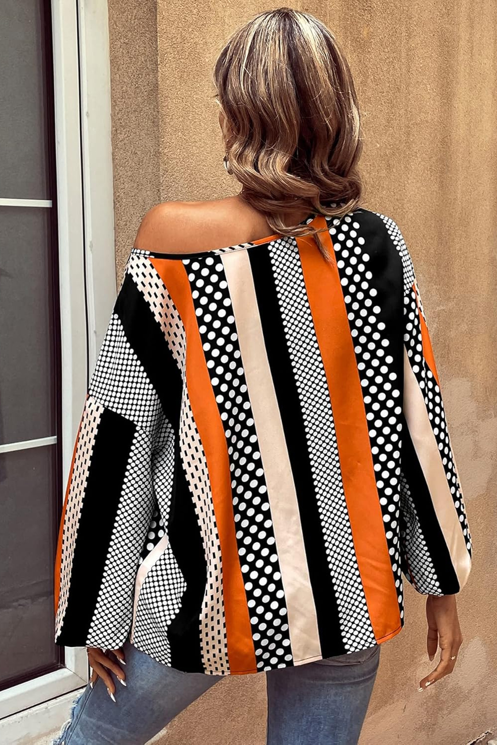 $4.15 Orange Polka Dot Vertical Striped Printed Puff Sleeve Blouse ...