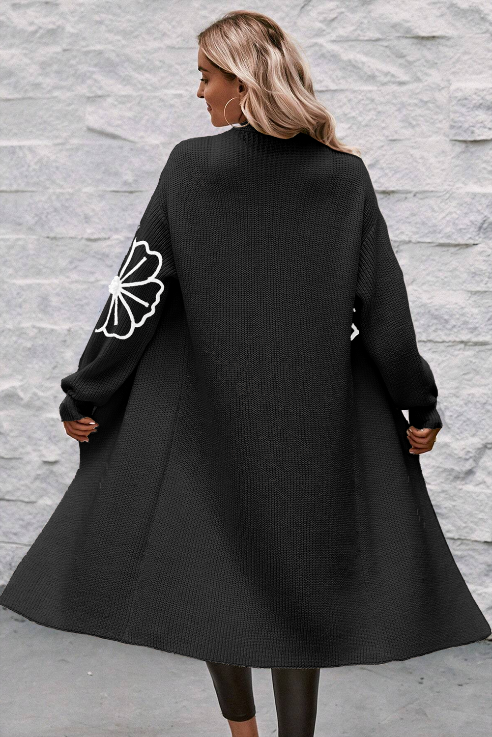 $12.6 Black Flower Embroidered Drop Shoulder Open Front Duster Cardigan ...