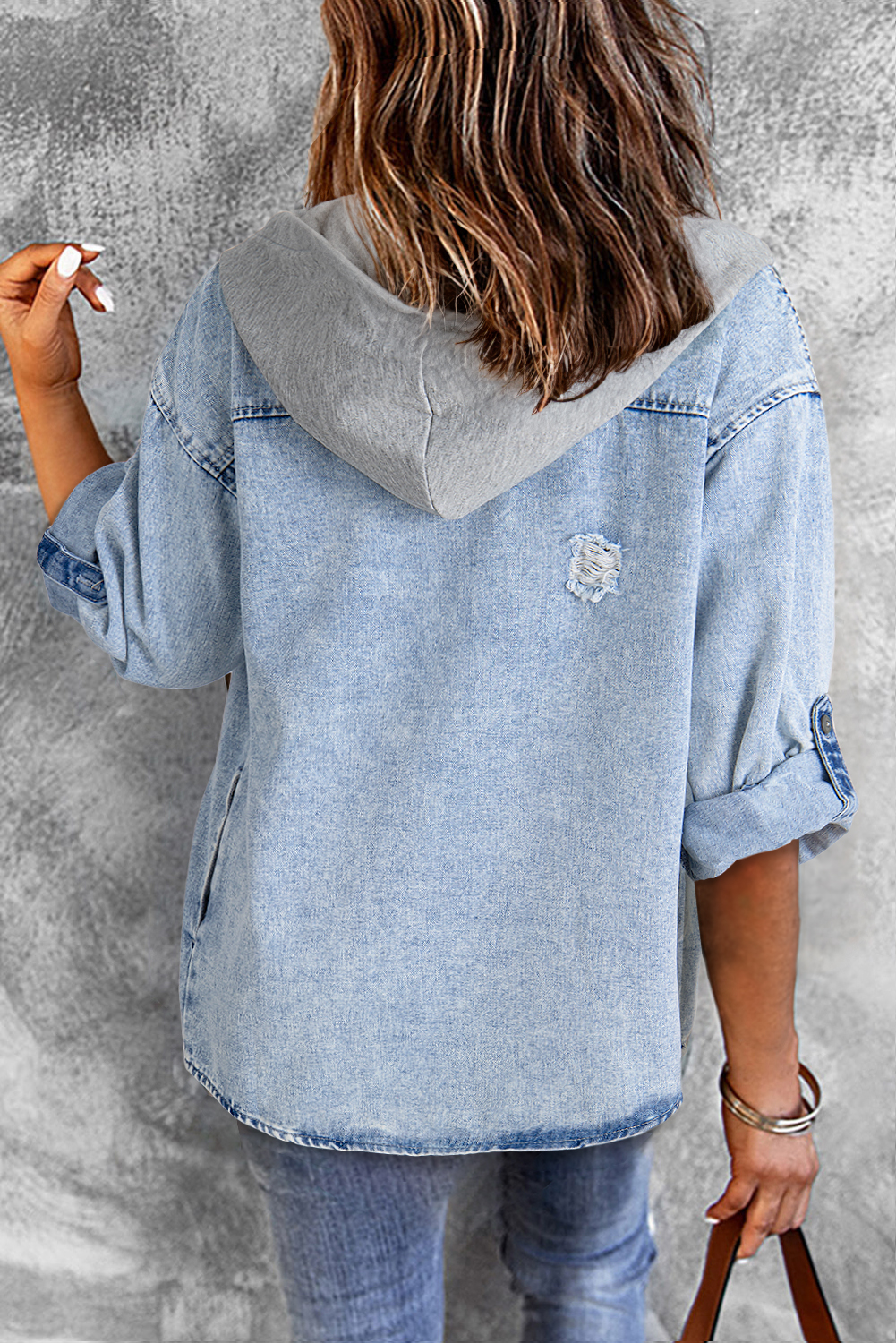 $18.25 Mist Blue Oversized Contrast Hooded Denim Jacket Wholesale