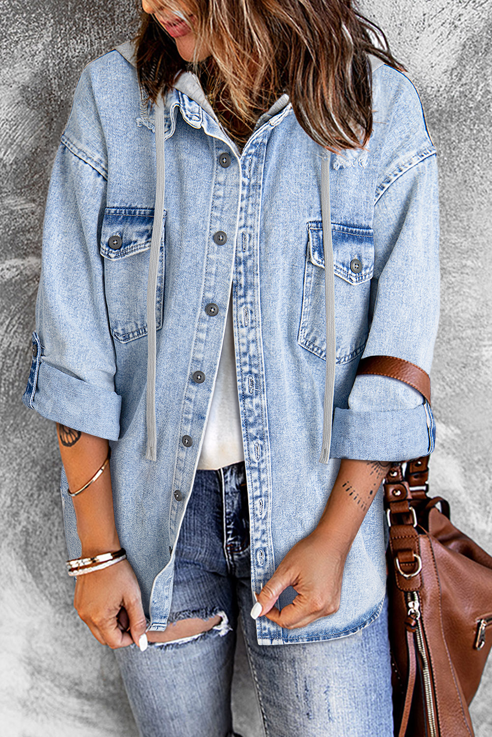 $18.25 Mist Blue Oversized Contrast Hooded Denim Jacket Wholesale