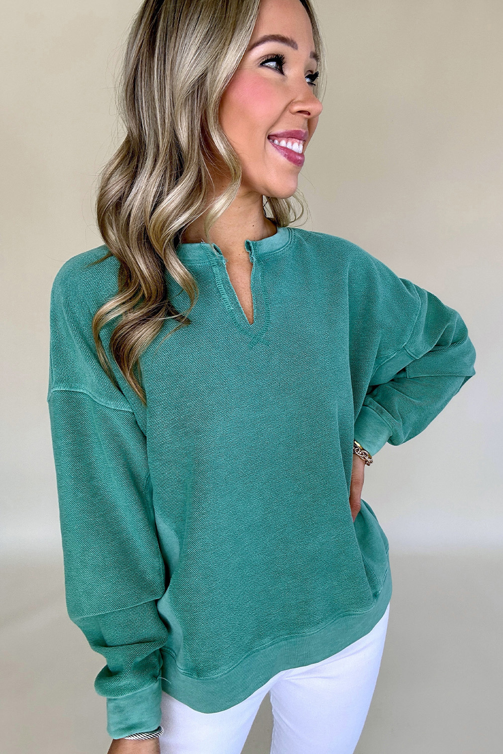 $12.2 Skobeloff Solid Color Notched Neck Drop Shoulder Sweatshirt Wholesale