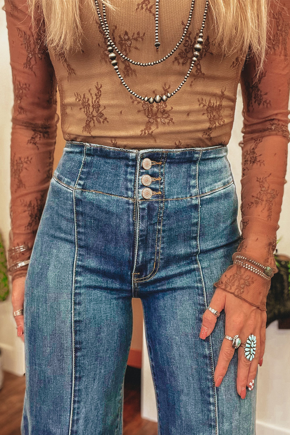 $11.7 Sail Blue High Waist Button Fly Seamed Raw Hem Flare Jeans Wholesale