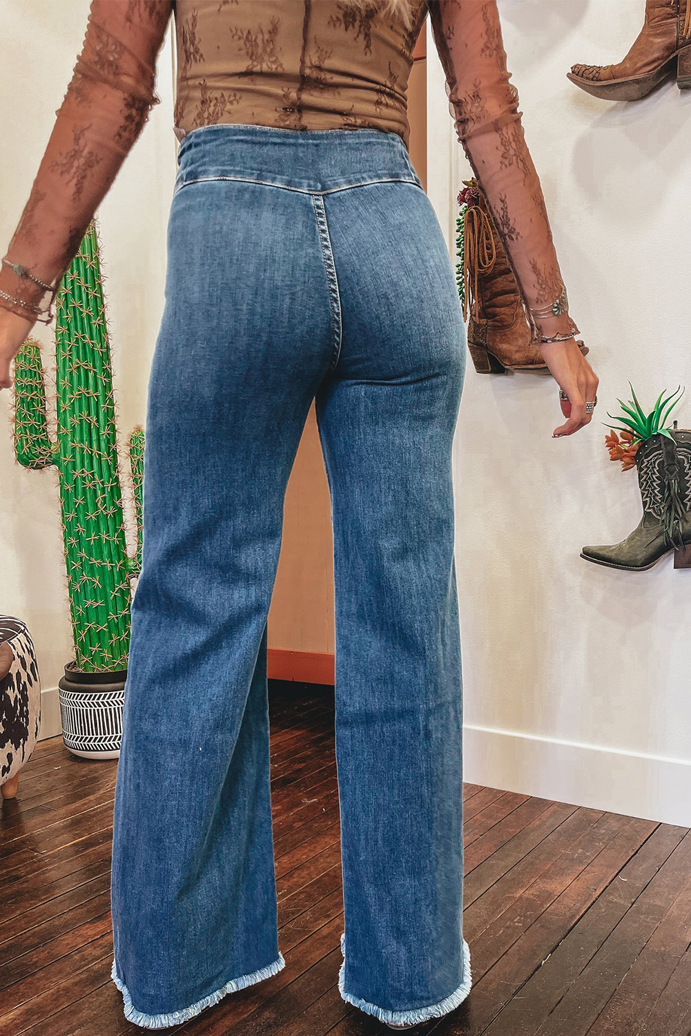 $11.7 Sail Blue High Waist Button Fly Seamed Raw Hem Flare Jeans Wholesale