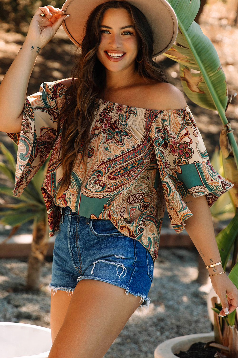 $4.3 Apricot Paisley Printed Shirred Off Shoulder Ruffled Draped Sleeve ...