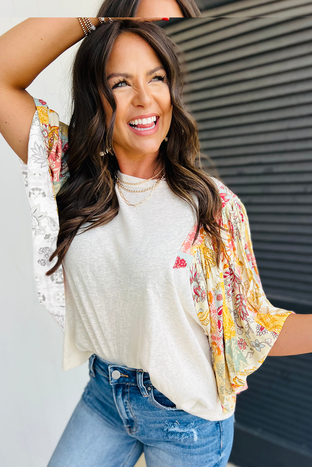 $5.65 Beige Floral Patchwork Half Batwing Sleeve Blouse Wholesale