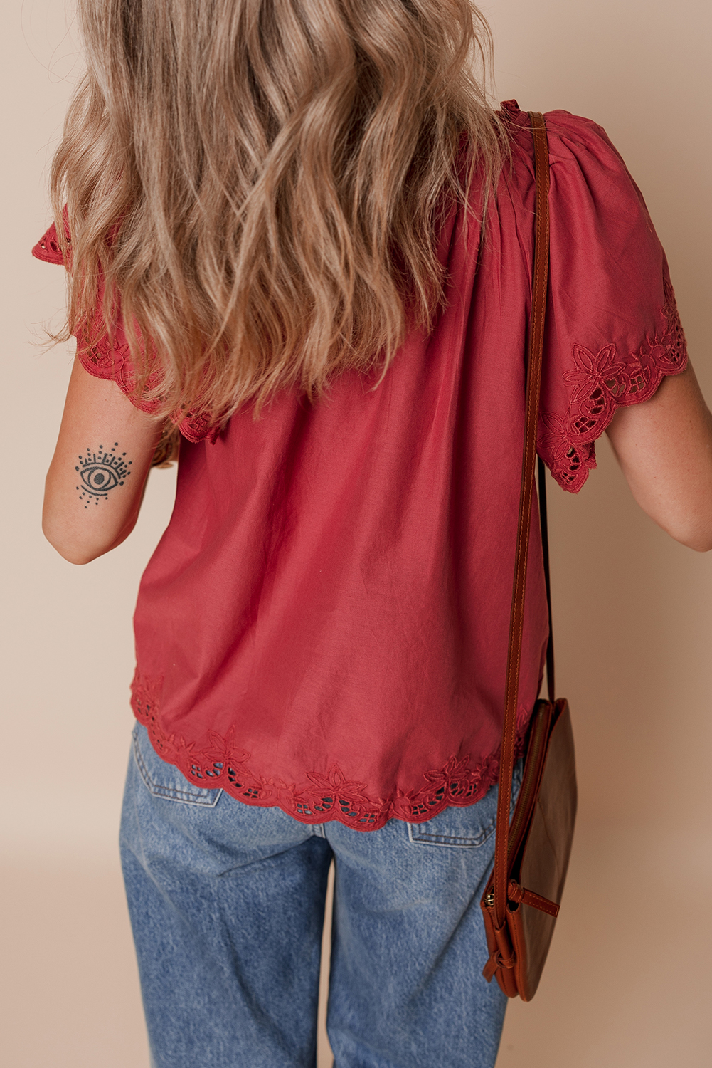 $8.45 Red Dahlia Floral Embroidered Scallop Trim Short Sleeve V Neck ...