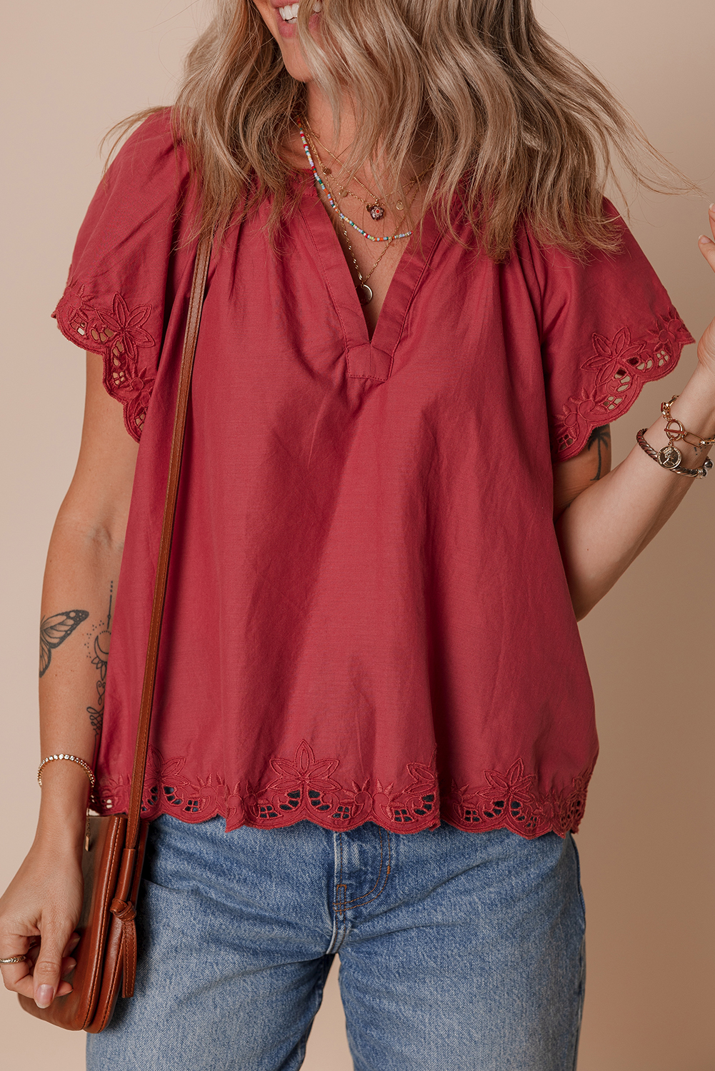 $8.45 Red Dahlia Floral Embroidered Scallop Trim Short Sleeve V Neck ...