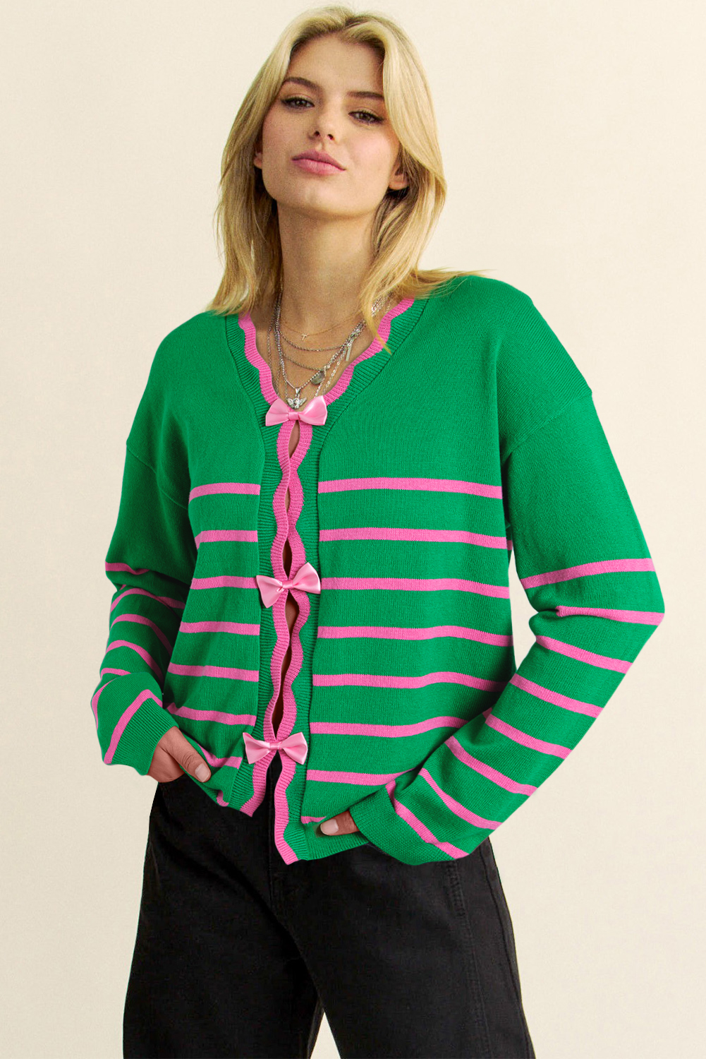 $9.4 Green Stripe Ribbon Cute Bow Detail Sweater Knit Cardigan Wholesale