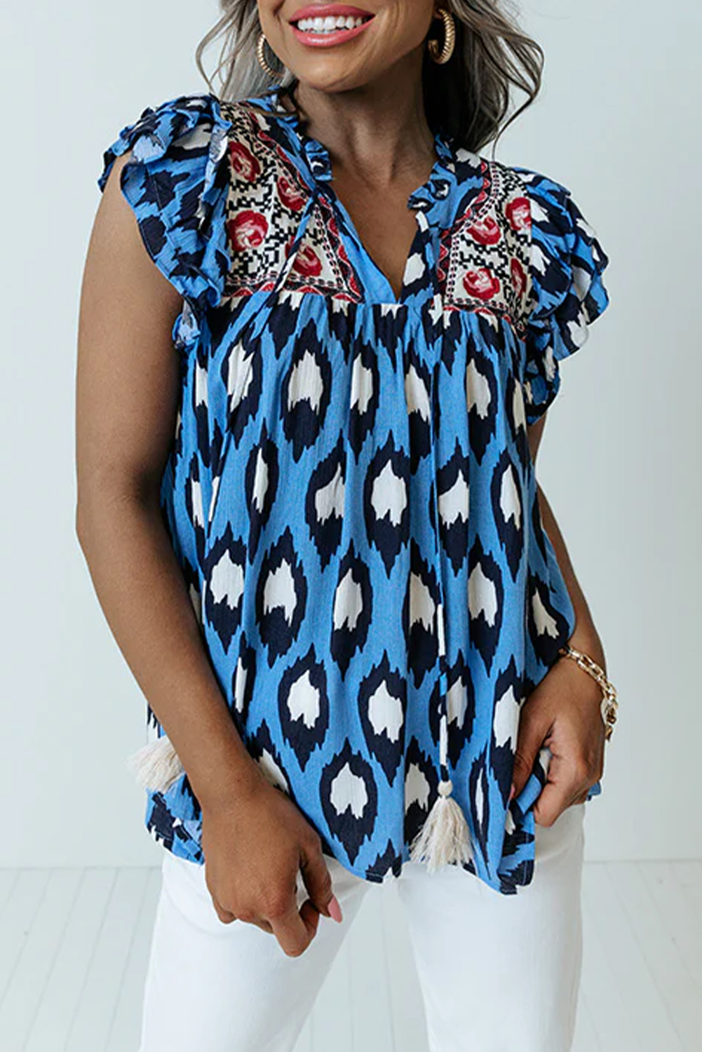$7.05 Blue Abstract Print Frilly Ruffle Tie Split Neck Blouse Wholesale