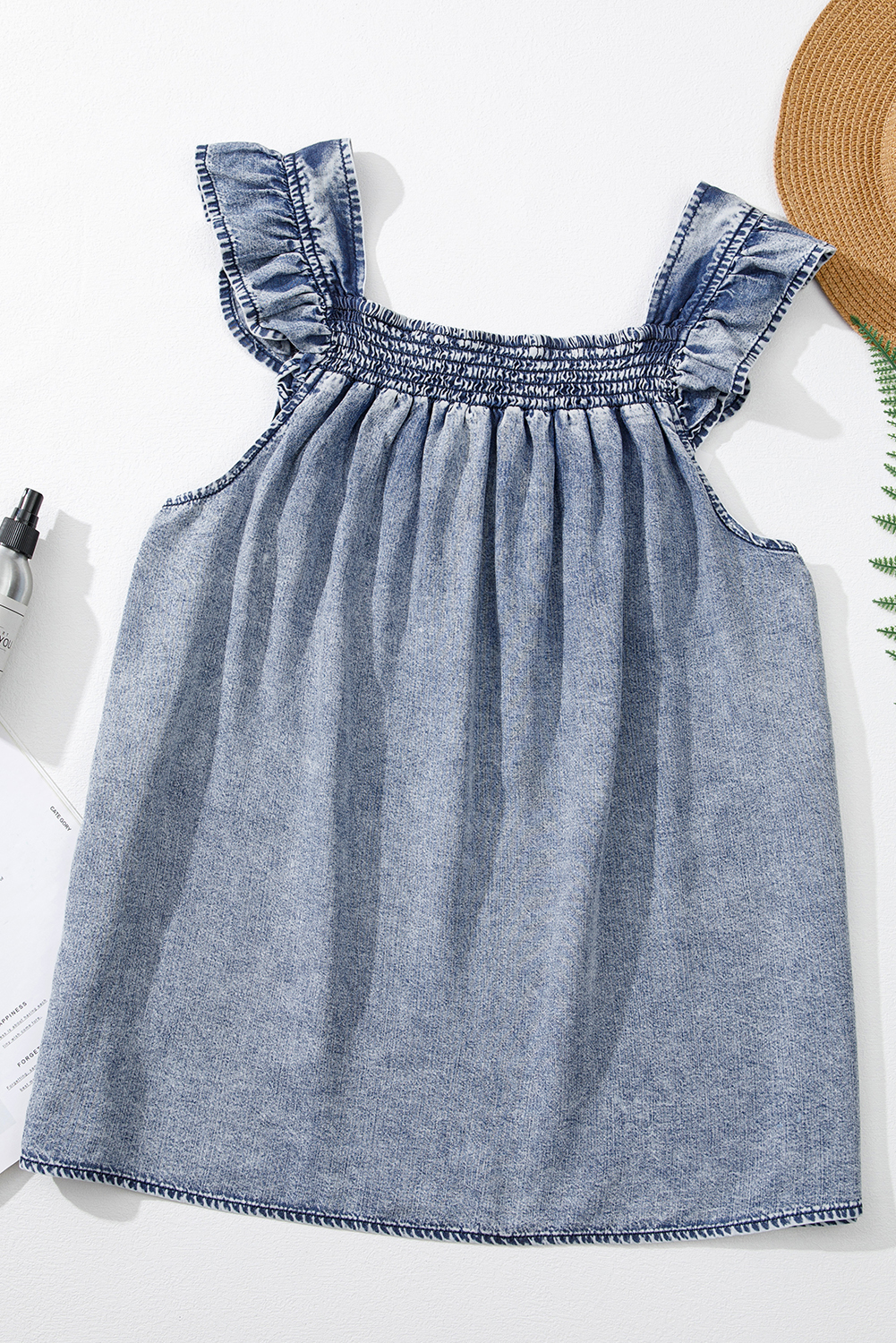 $8.75 Ashleigh Blue Ruffled Shirred Neckline Sleeveless Denim Tank Top ...