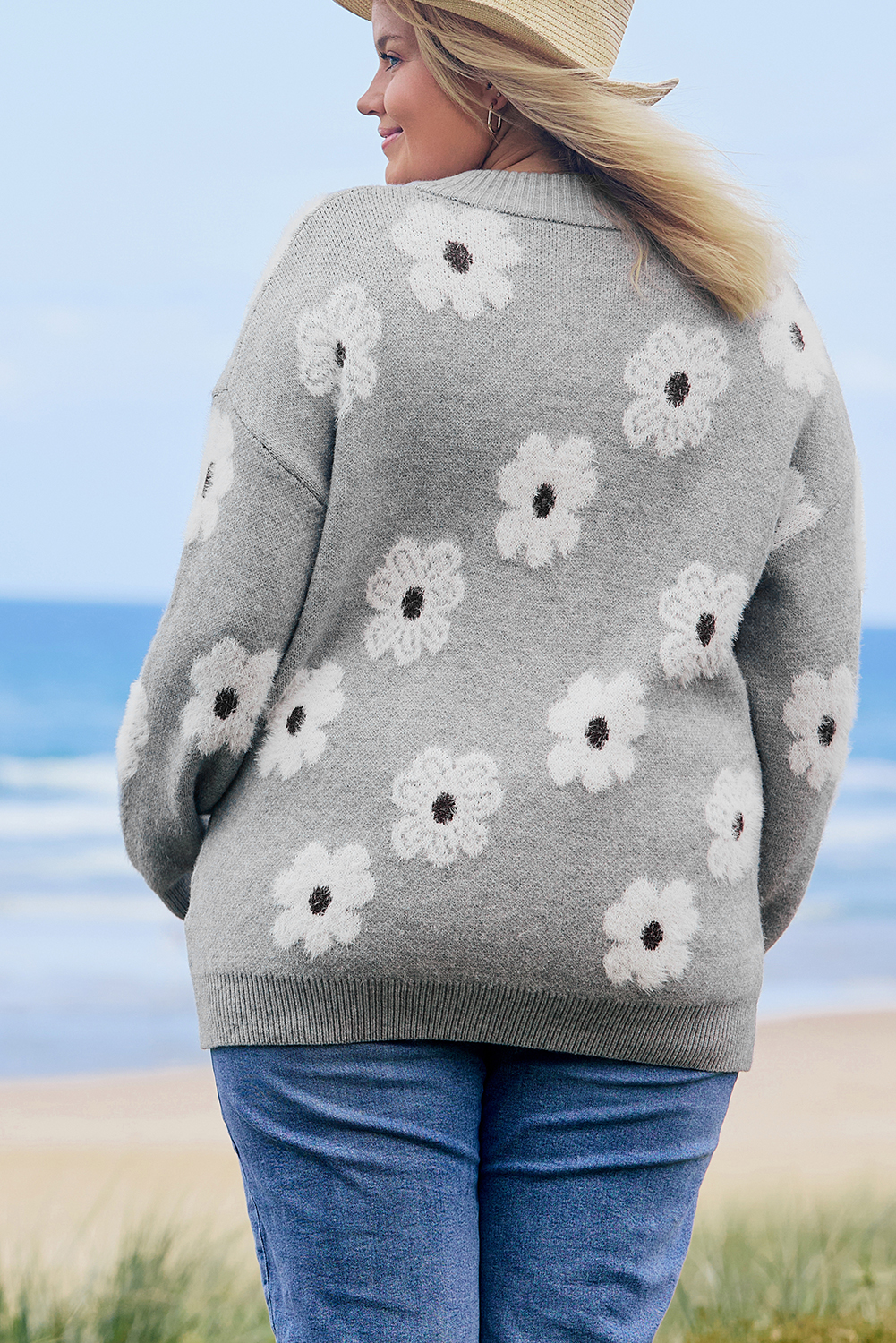 $13.05 Gray Plus Size Embroidered Floral Pattern Half Zip Sweater Wholesale