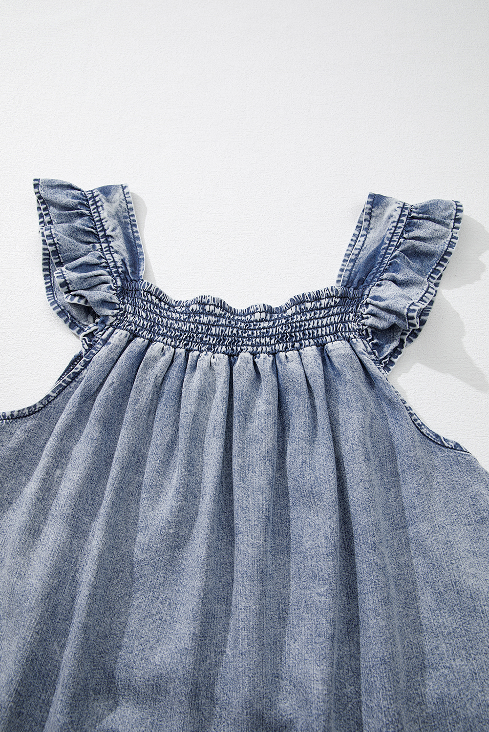 $8.75 Ashleigh Blue Ruffled Shirred Neckline Sleeveless Denim Tank Top ...