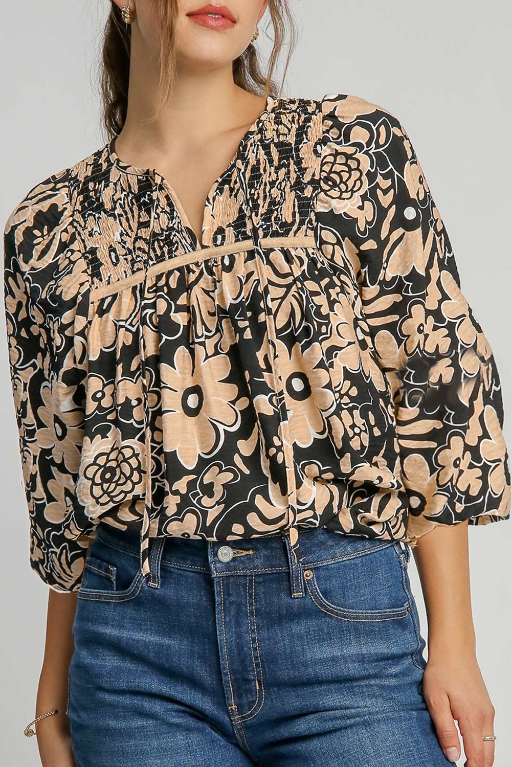 $6.6 Black Floral Shirred Yoke Bracelet Sleeve Split Neck Boho Blouse ...