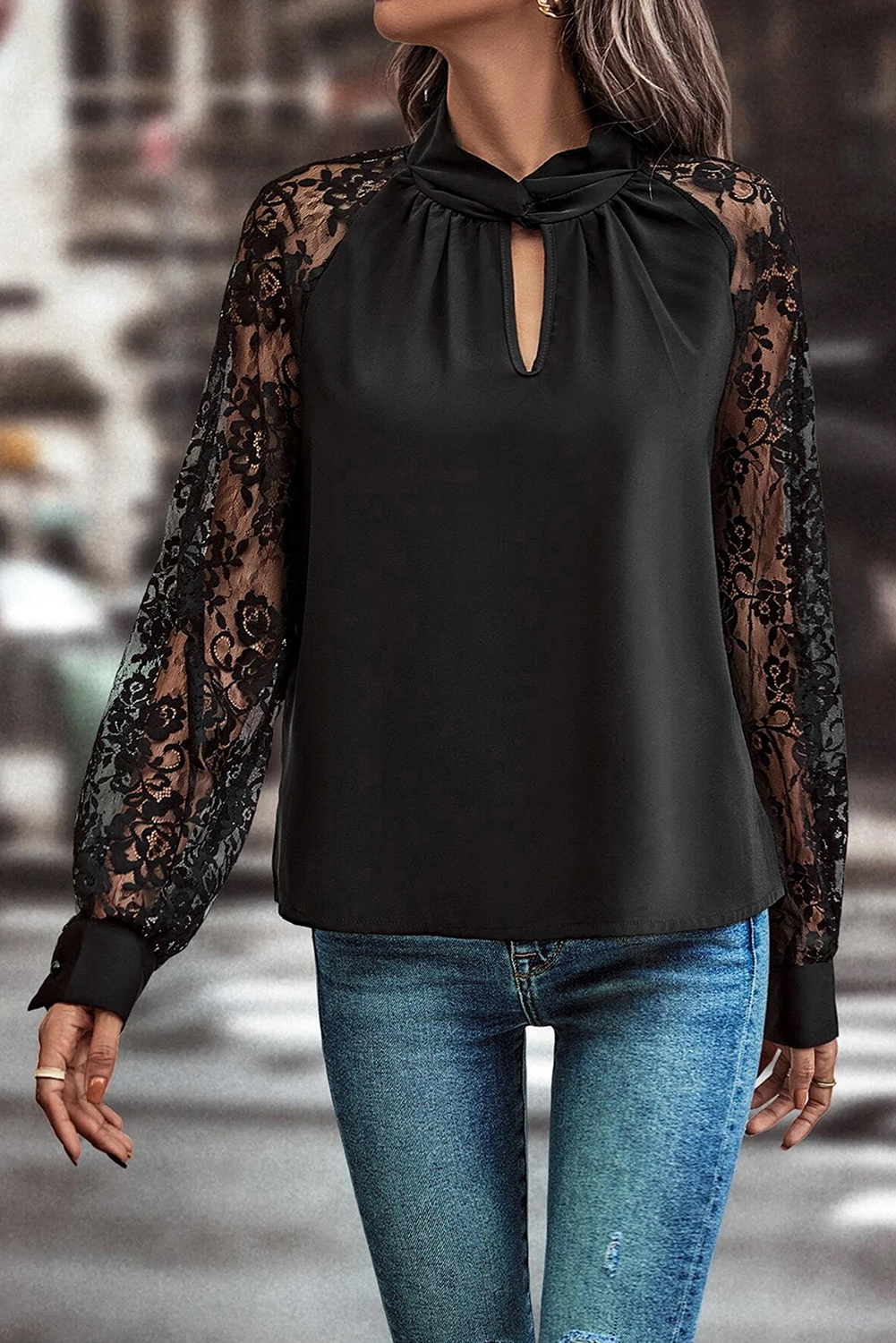 $6.8 Black Keyhole Neckline Floral Lace Raglan Sleeve Blouse Wholesale