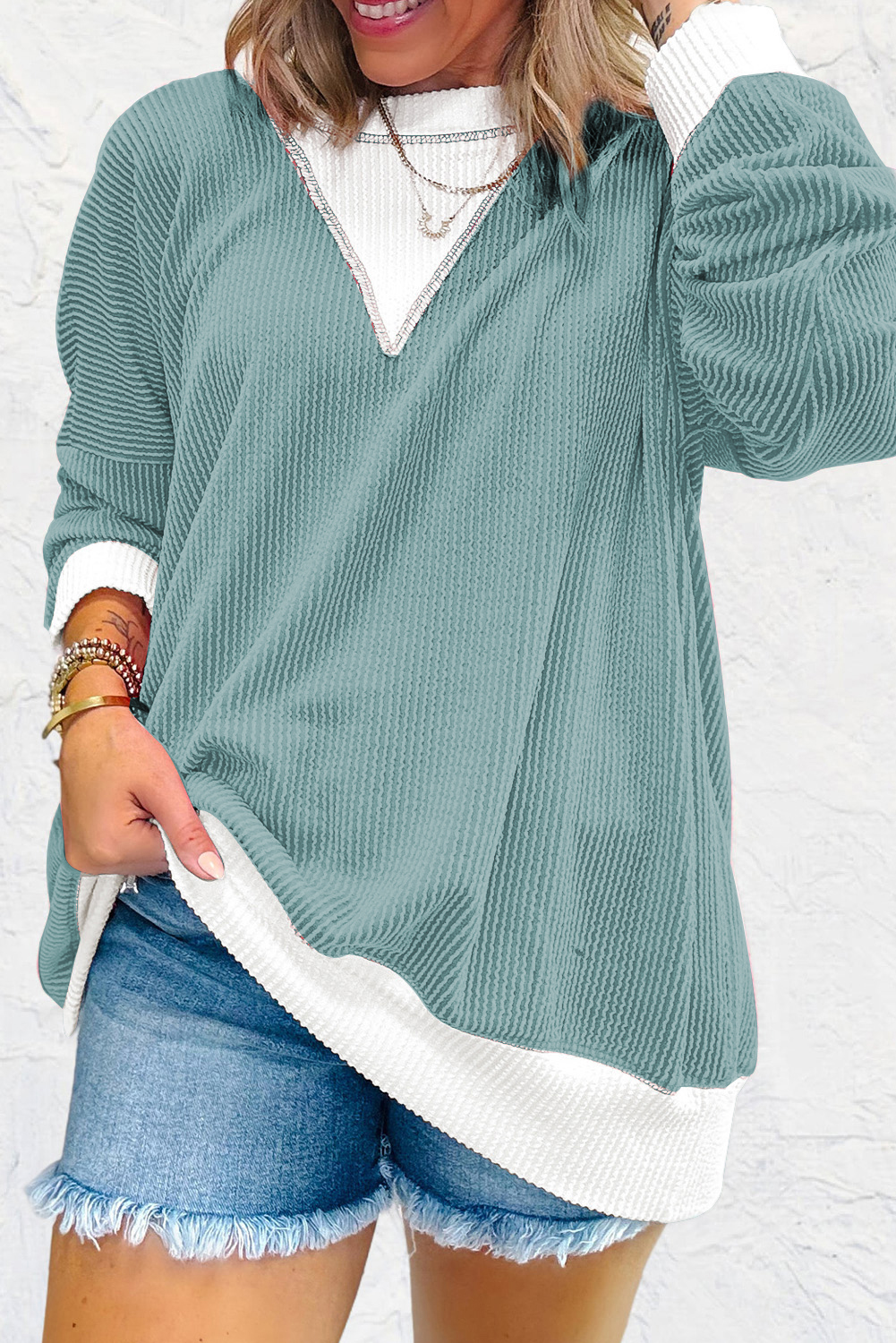 $7.8 Light Blue Corded Colorblock Drop Shoulder Loose Top Wholesale