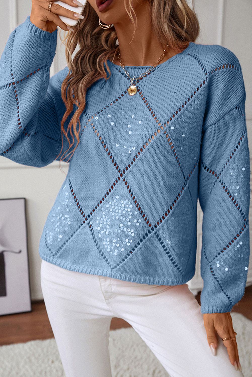 $12 Dusk Blue Hollowed Rhombus Pattern Sequin Detail Round Neck Sweater ...