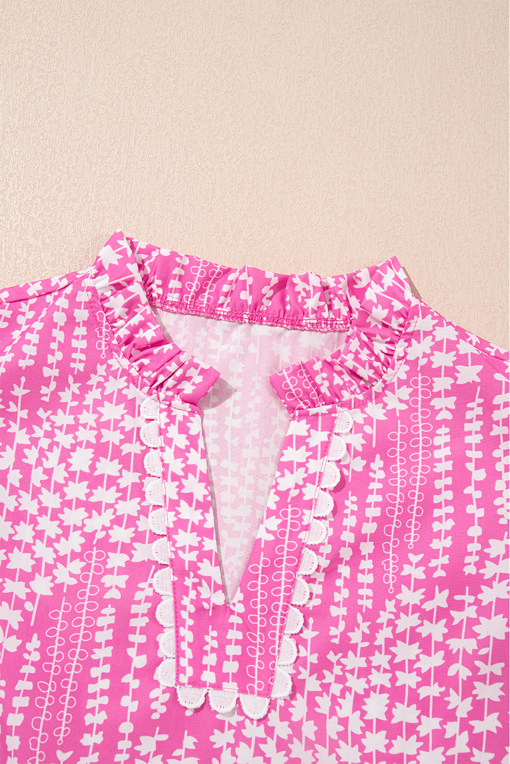 $6.3 Pink Abstract Print Ric Rac Trim Flutter Sleeve Notch V Neck ...