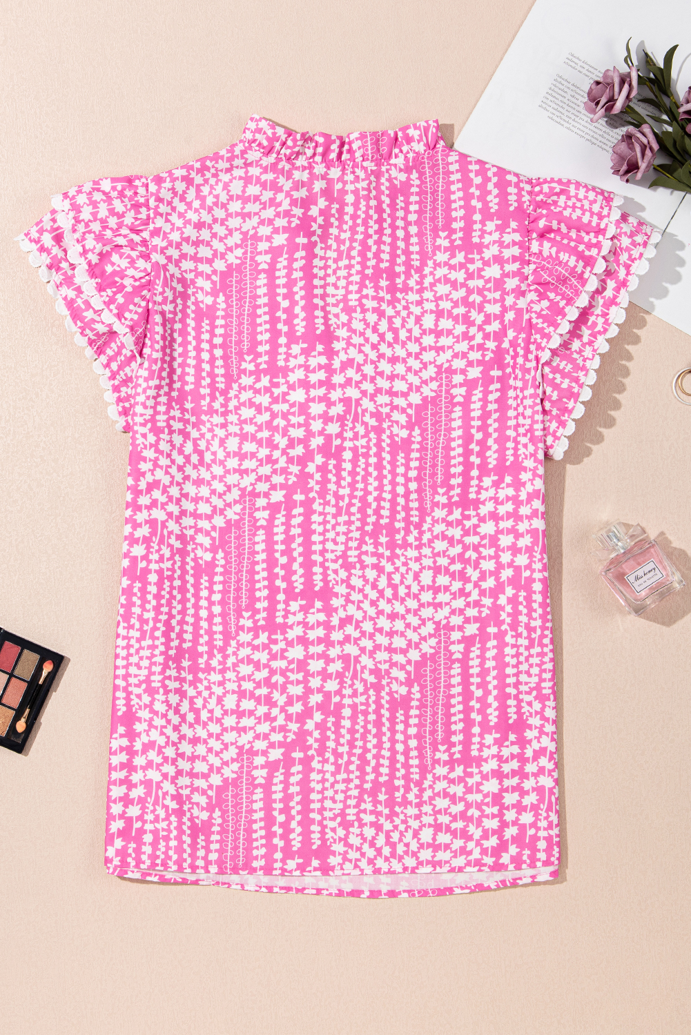$6.3 Pink Abstract Print Ric Rac Trim Flutter Sleeve Notch V Neck ...